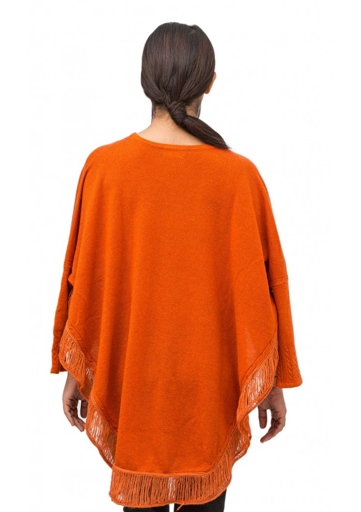 Posh Persimmon Orange V-Neck Free Size Pashmina/Cashmere Poncho with Fringe
