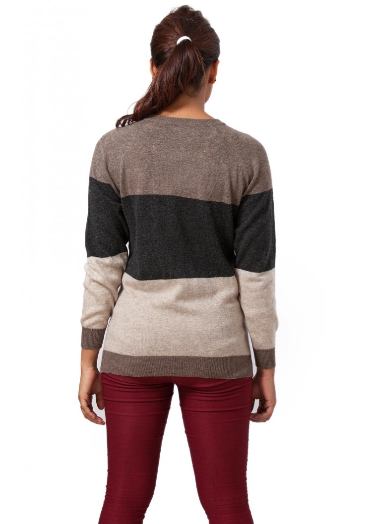 Posh Three Tone Contrast Long Sleeved Crew Neck Pashmina Cashmere Pullover