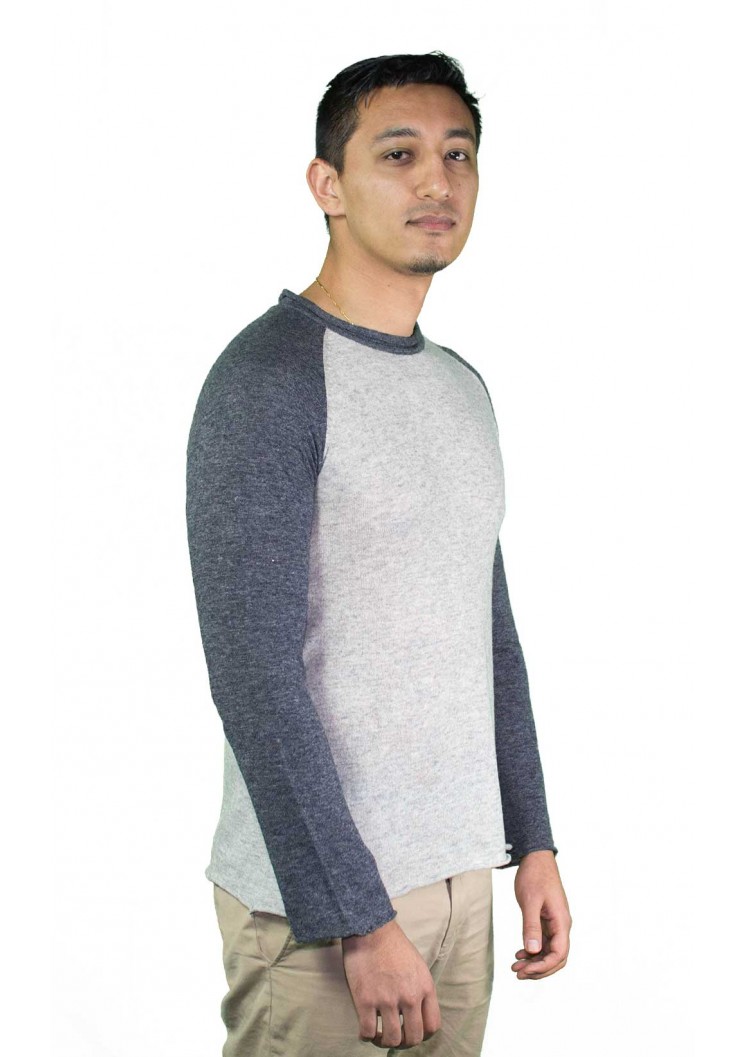 Men's Contrast Natural Gray & Dark Gray Cashmere Baseball Crew Neck Sweater